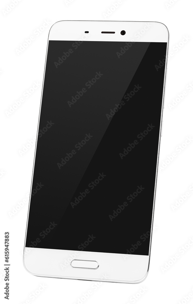 Modern white smartphone with empty black screen isolated on white ...