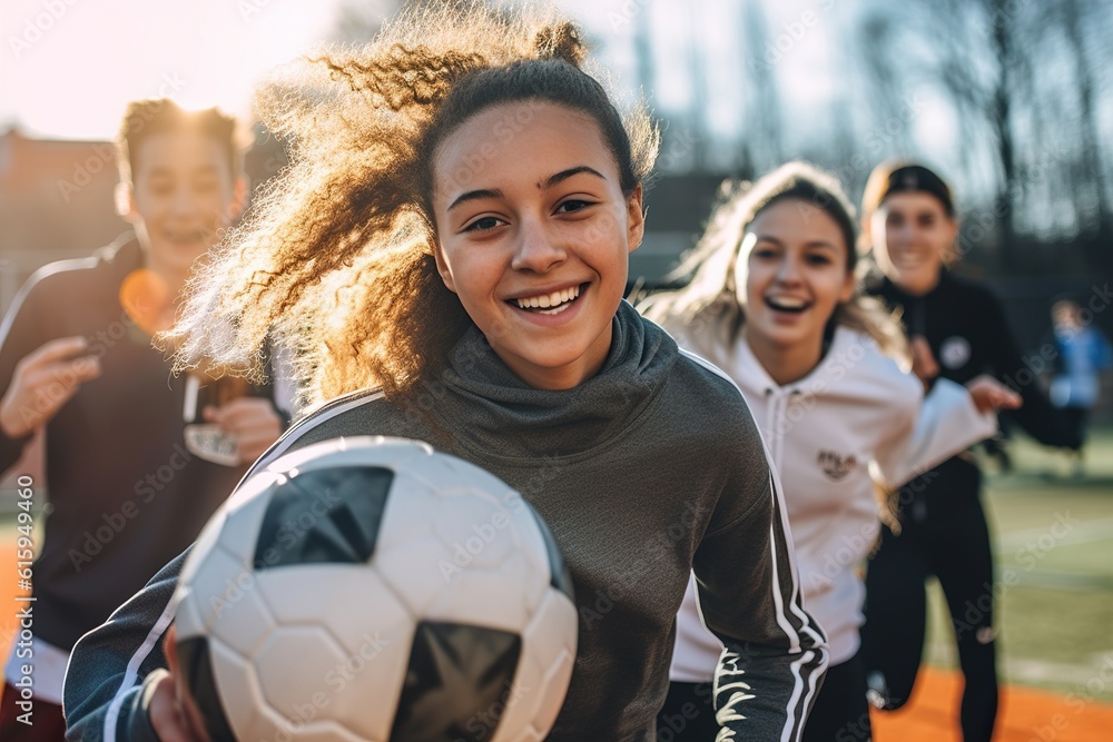 Happy teenagers playing soccer outdoors during daytime Stock ...