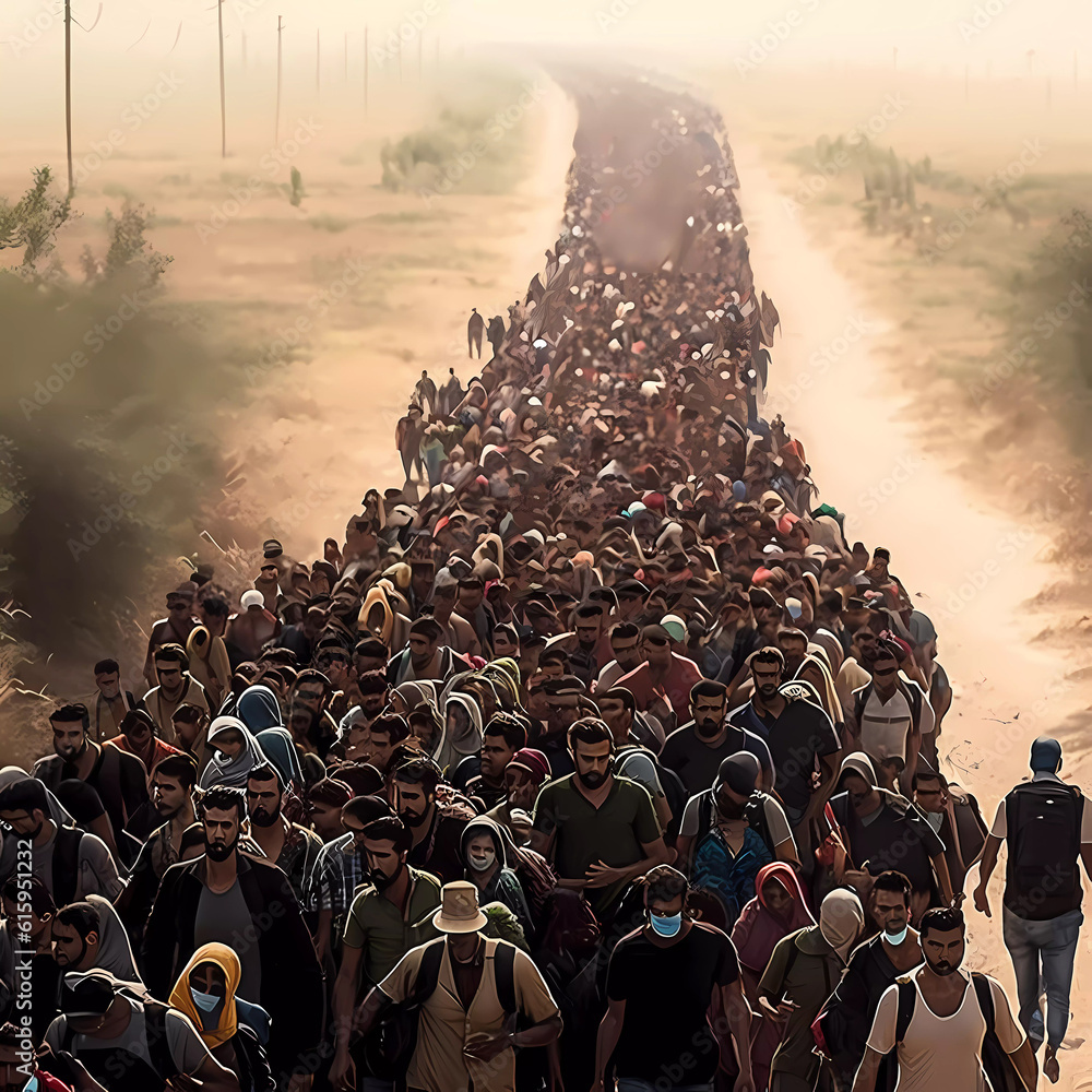 A crowd of refugees is walking along the road. Banner. Wallpaper ...