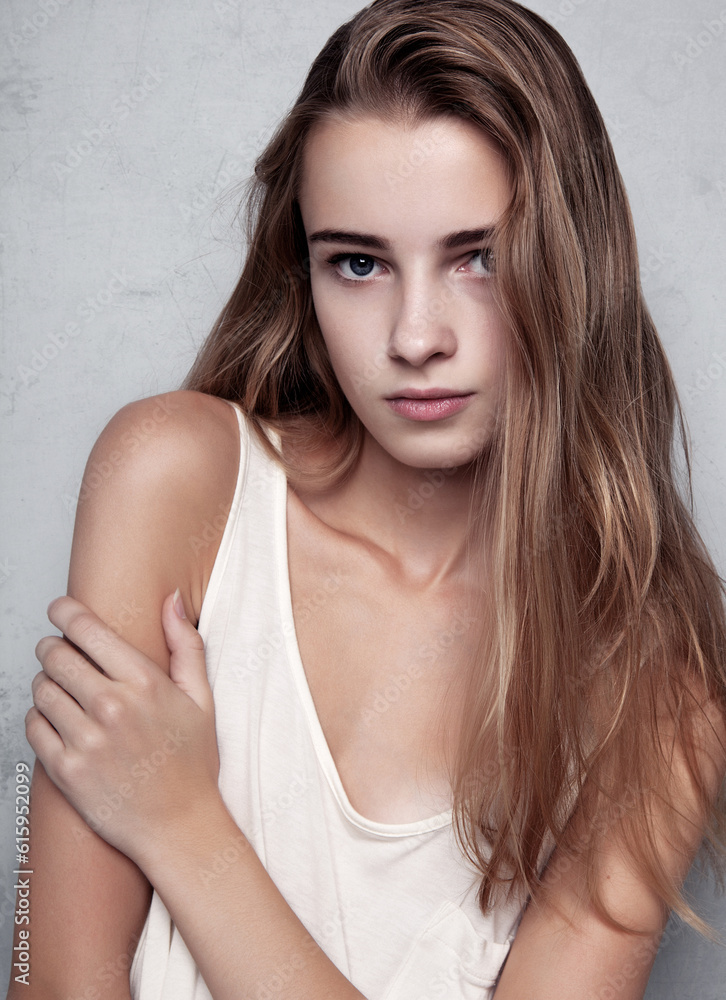 Model test with young beautiful fashion model wearing white t-shirt in ...