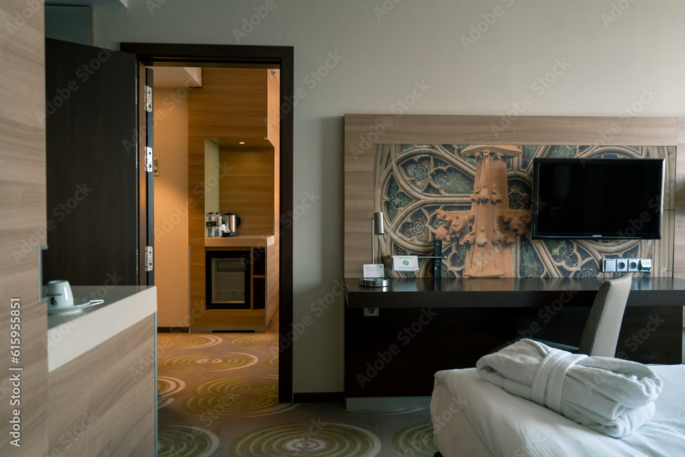interior of deluxe hotel room after cleaning housekeeping bedroom rest ...