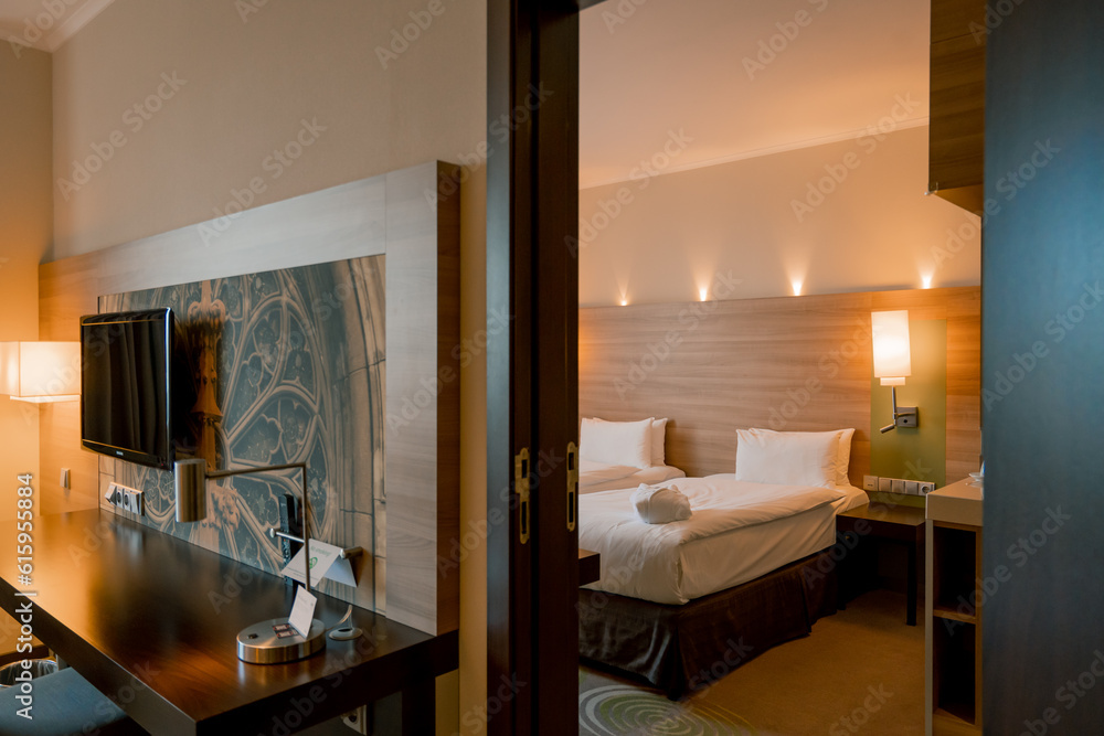 interior of a luxury hotel room after cleaning housekeeping bedroom ...