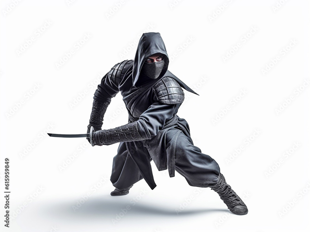 Ninja warrior in a fighting stance and on an isolated white background ...