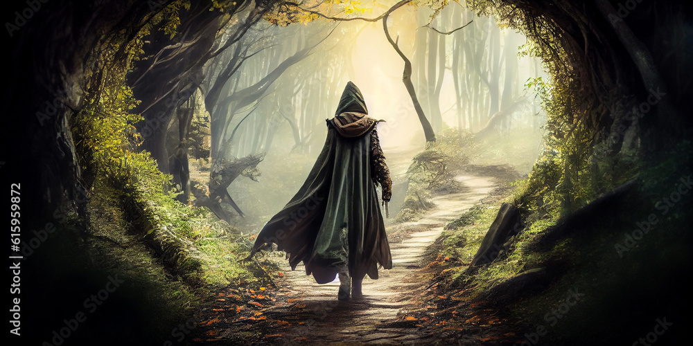 The wizard stands on a path in a dense twilight fairy forest and look ...