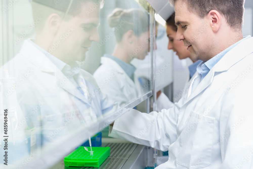 Researchers in science lab preparing samples for analysis Stock Photo ...