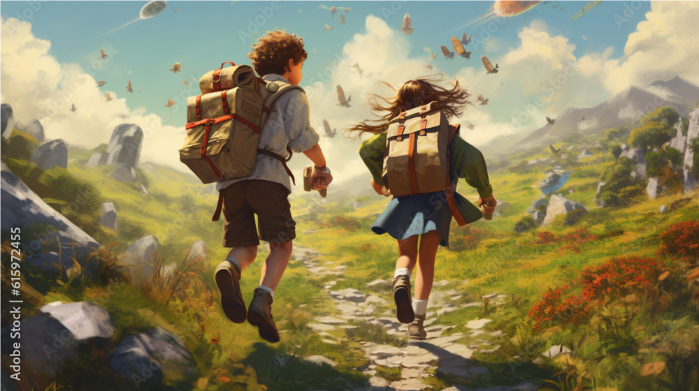 school childern adventure fantasy illustration painting, generative ai ...