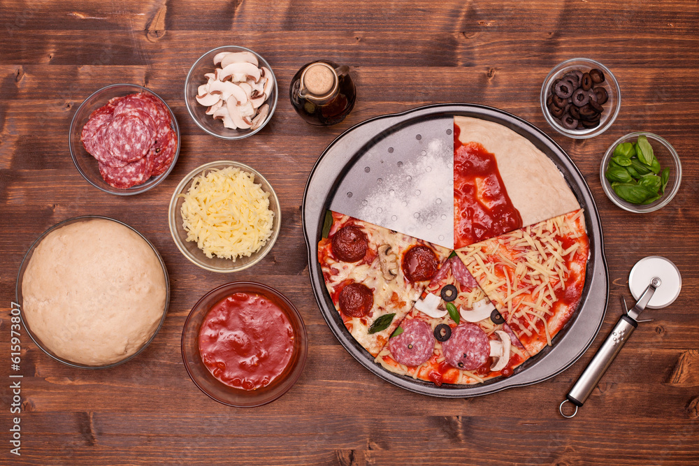Ingredients and phases of making a delicious homemade pizza - five ...