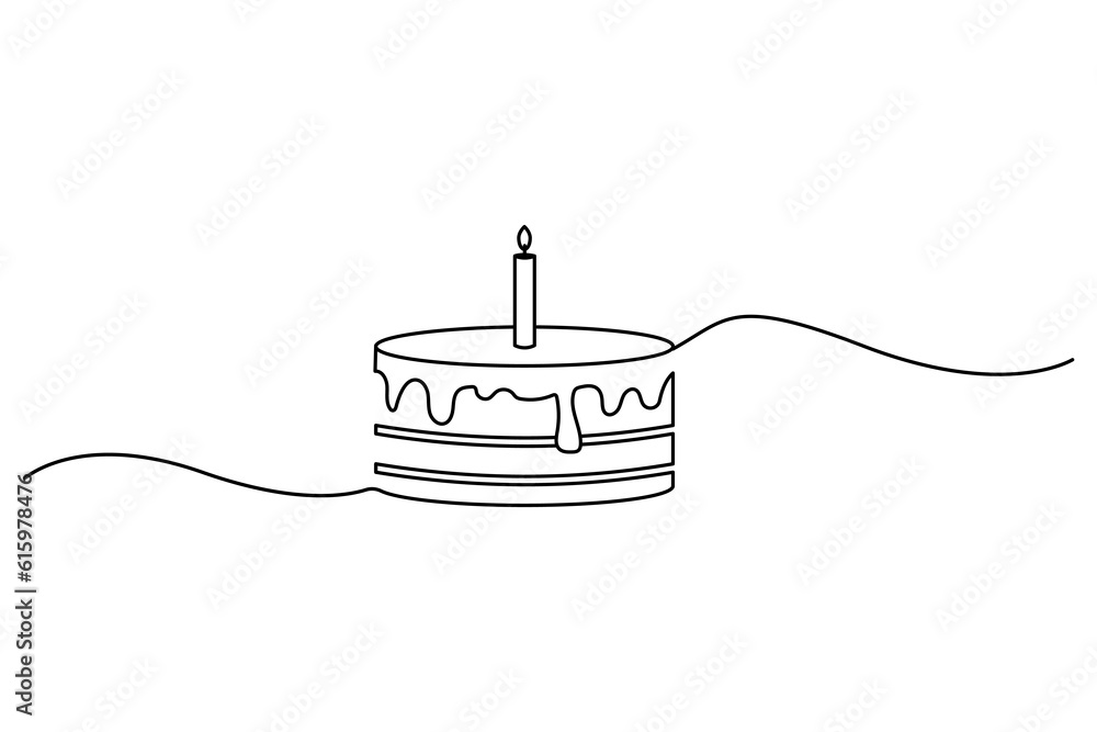 Birthday cake in continuous line art drawing style. Traditional cake ...