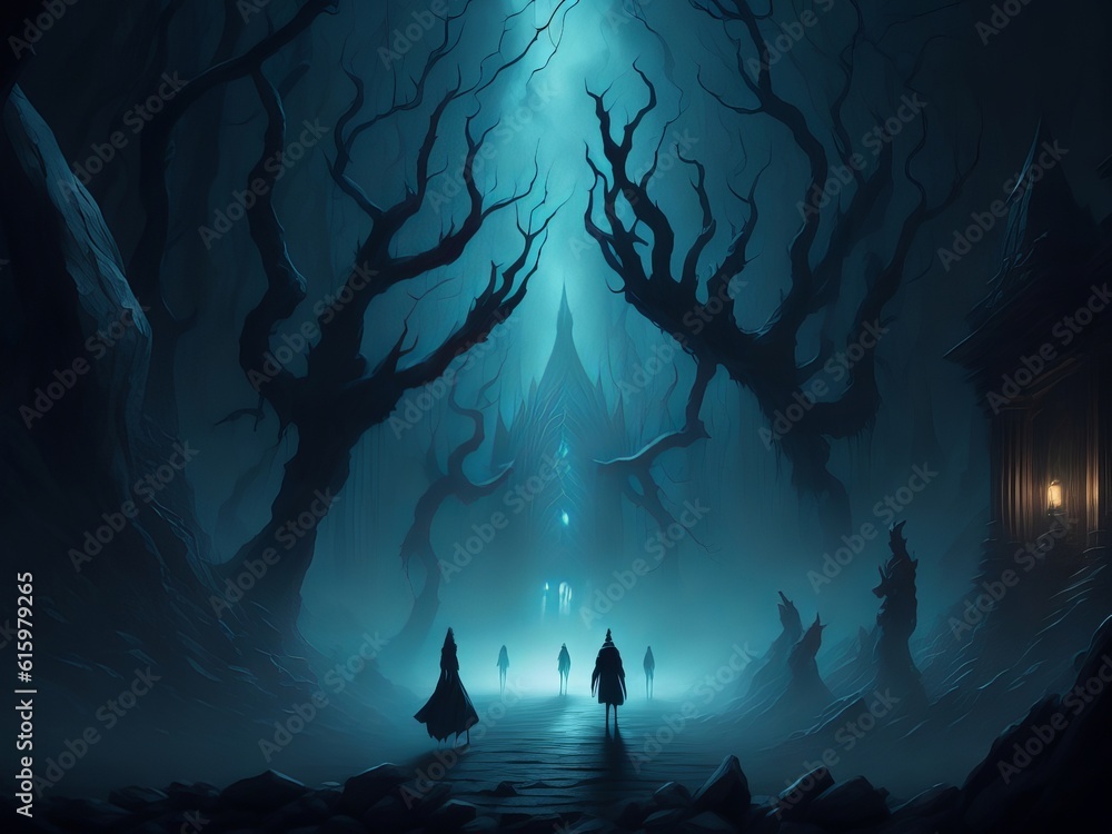 Dark and eerie scene depicting an underworld realm, where ethereal ...