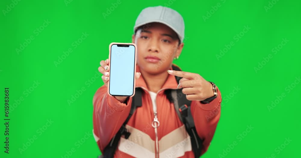 Green screen phone, thumbs down and pointing woman face with fail ...