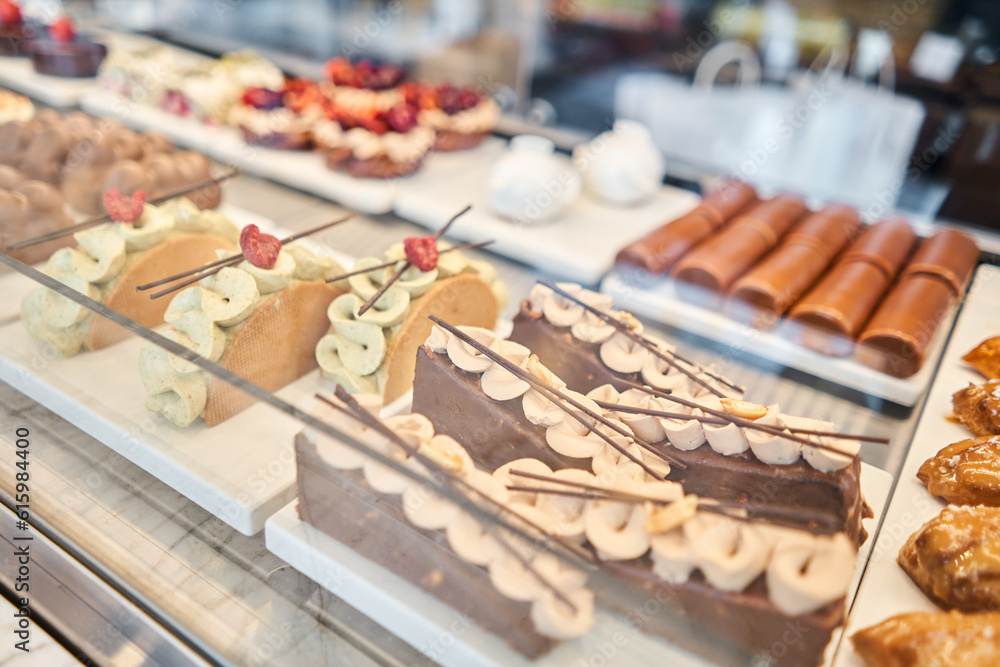 fresh pastries with berries. A variety of fresh pastries in the bakery ...
