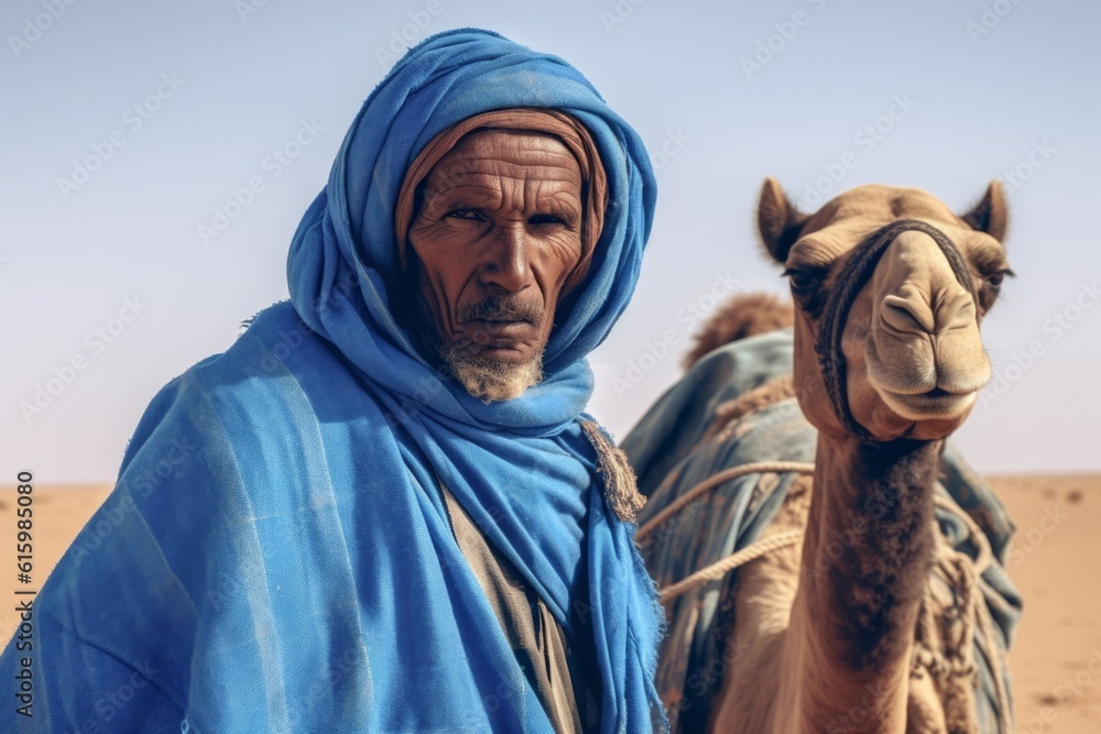 Adult Tuareg man in authentic national blue clothes. Background with ...