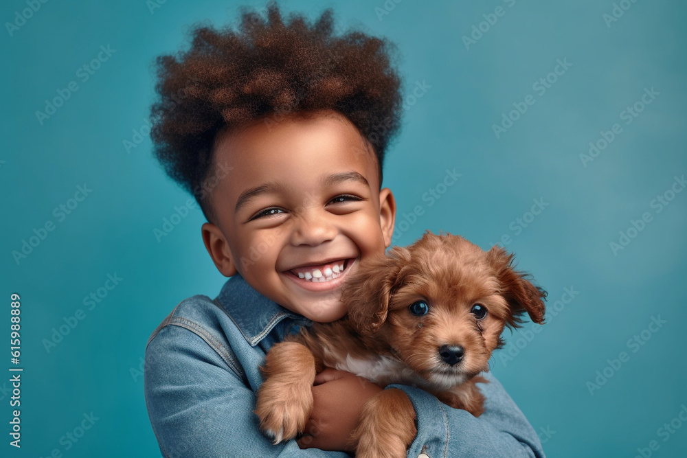 Little boy smiling with his puppy dog isolated on blue pastel ...