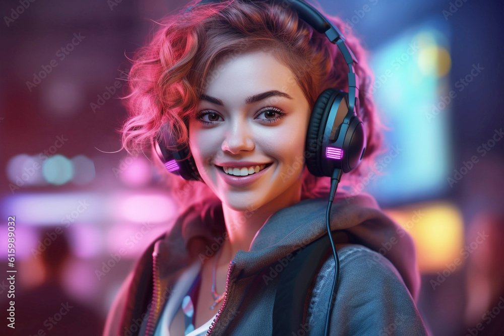 Smiling female streamer wearing headphone to listen to music, neon ...