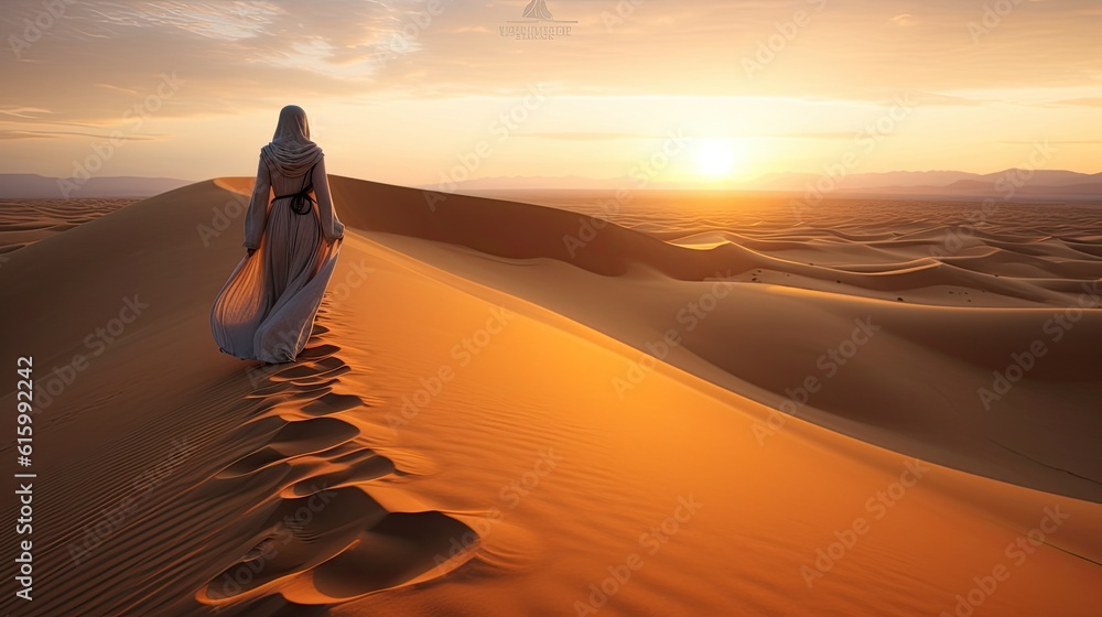 Arabian woman walking in the desert dunes of Egypt. Saharan landscape ...