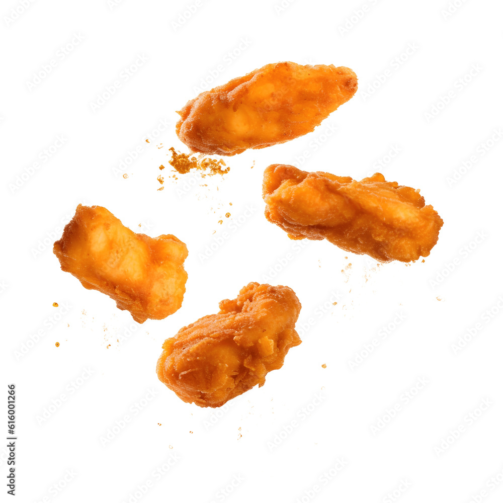 Fried nuggets chicken with crumbs falling in the air isolated on ...