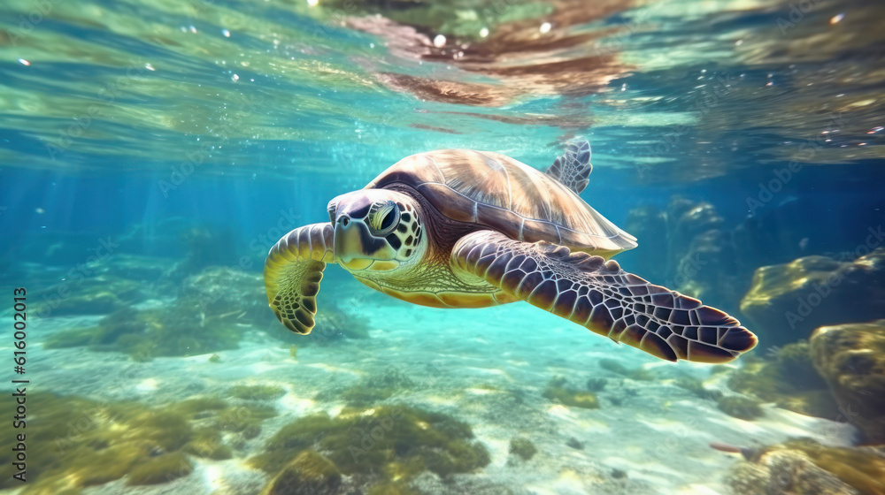 underwater scene captures a water turtle gracefully swimming in its ...