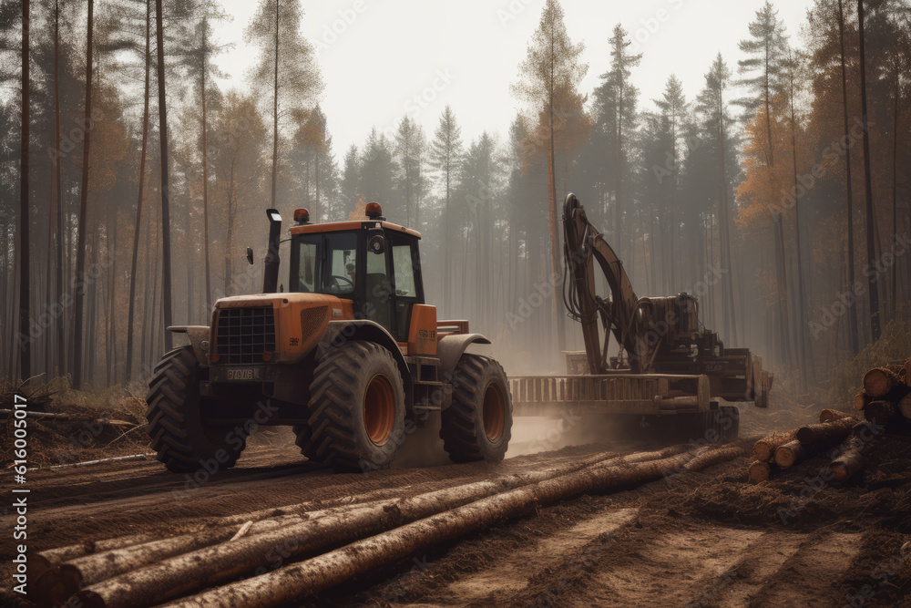 Log Loader Of Forestry Machine Loads A Log Truck, Generative AI Stock ...