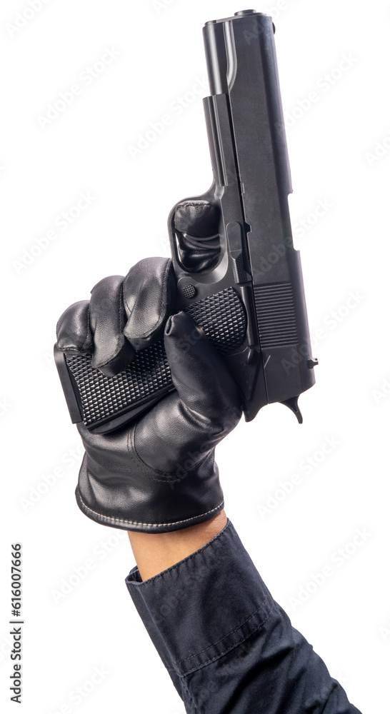 Close up Murderer or Criminal Hand holding a Gun isolated on white ...