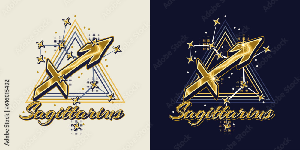 Golden icon of zodiac sign Sagittarius with constellation with stars ...