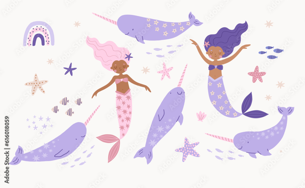 Cute cartoon magical mermaid. Adorable fairytale, mythological ...