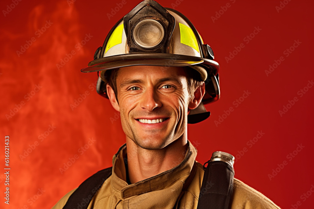 Firefighter portrait on duty. Photo of happy fireman with gas mask and ...