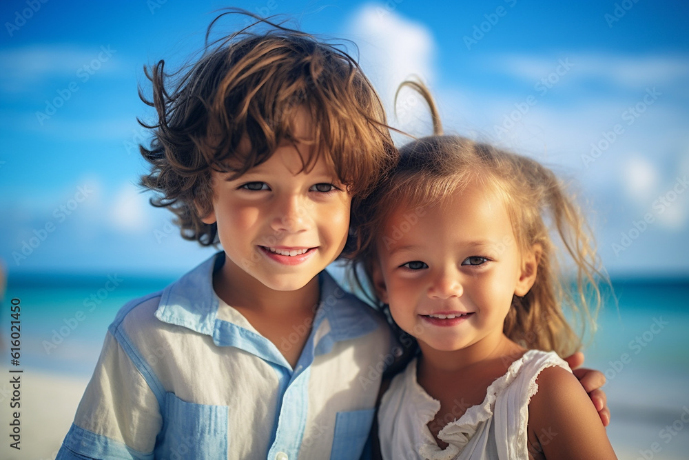 Brother and sister hug and smiling on the beach in morning, during ...