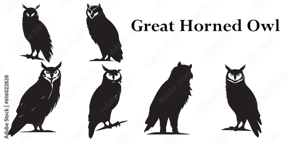 A set of Silhouette Great Horned Owl vector illustration. Stock Vector ...
