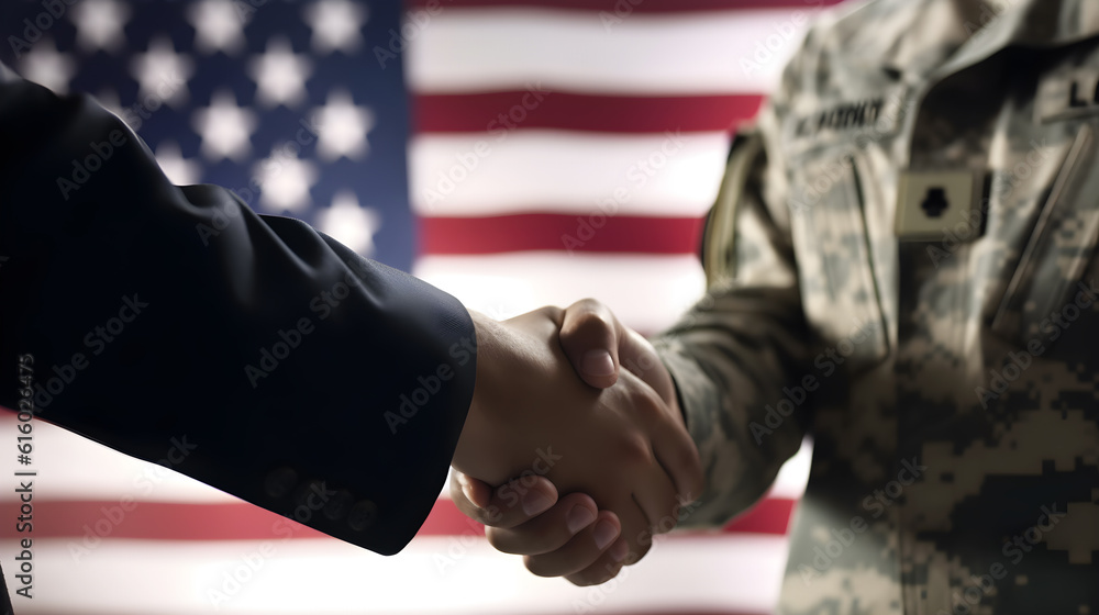 ภาพประกอบสต็อก American soldier and businessman handshake with blur us ...