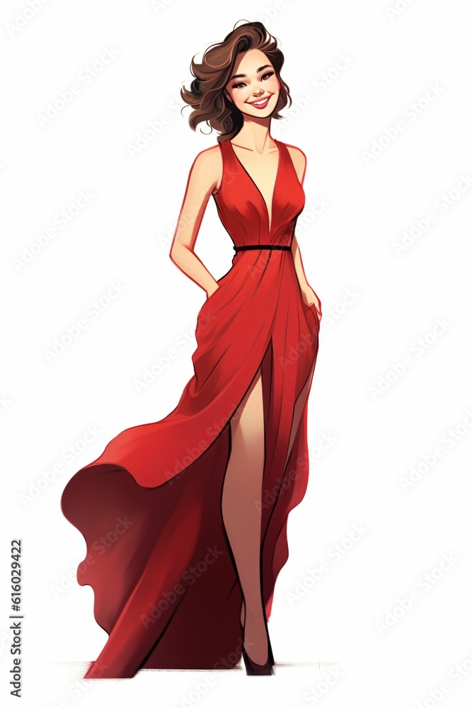 Belle femme en robe rouge avec un large sourire, dessin façon bd ...