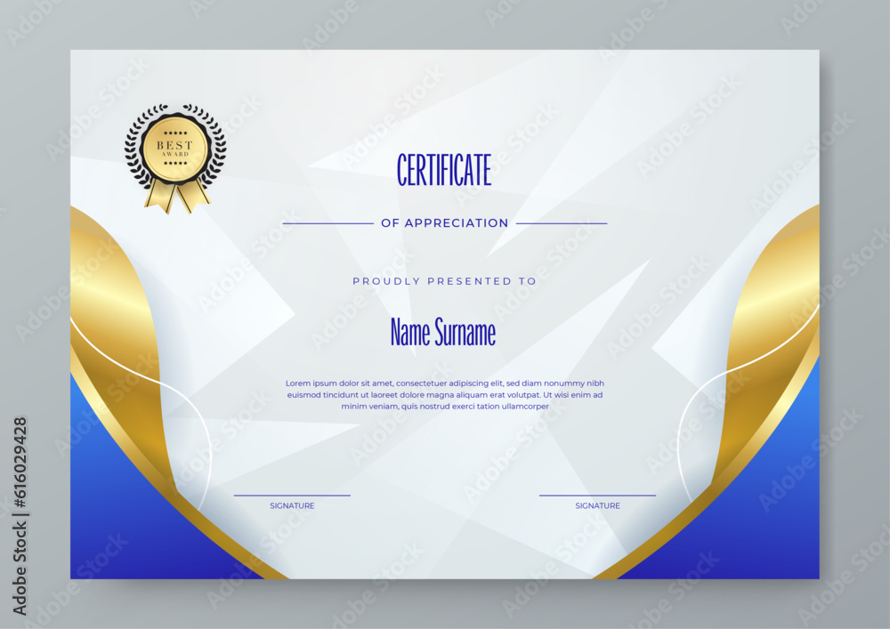 Certificate of membership template with blue and golden design and ...