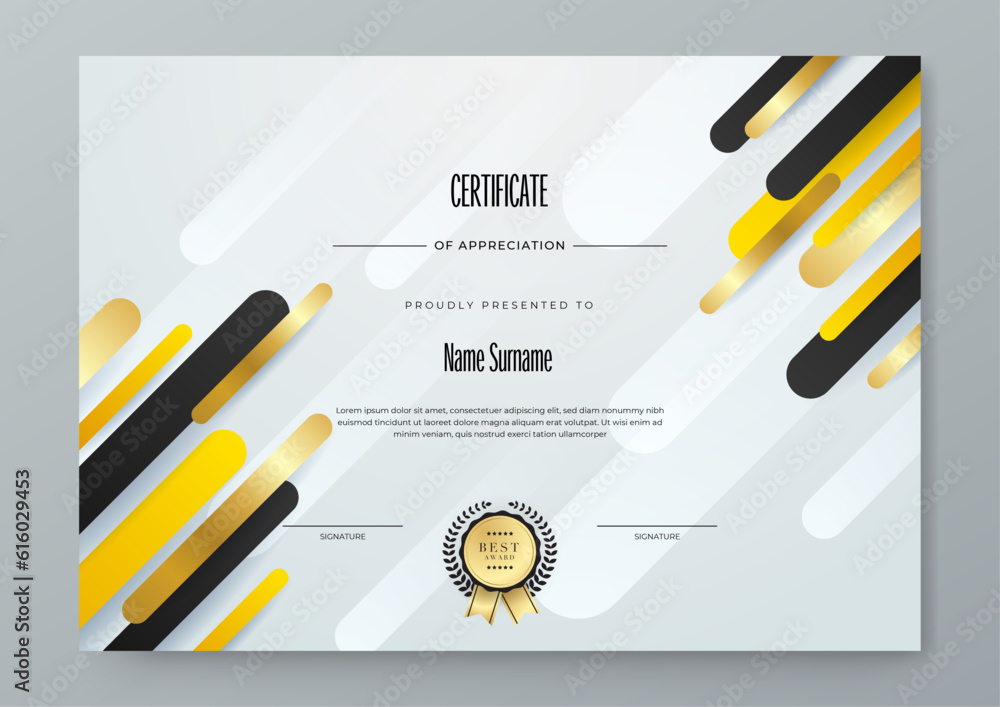 Certificate template with geometry frame and gold badge. White ...