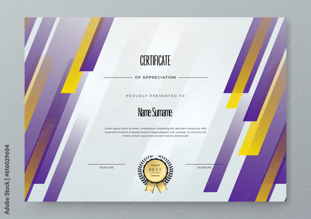 Certificate template with geometry frame and gold badge. White ...