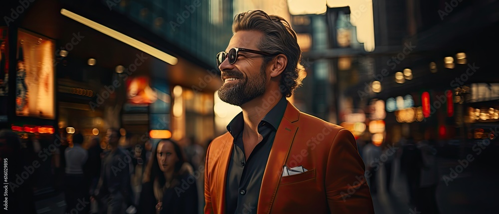 Happy wealthy rich successful business man standing in big city modern ...