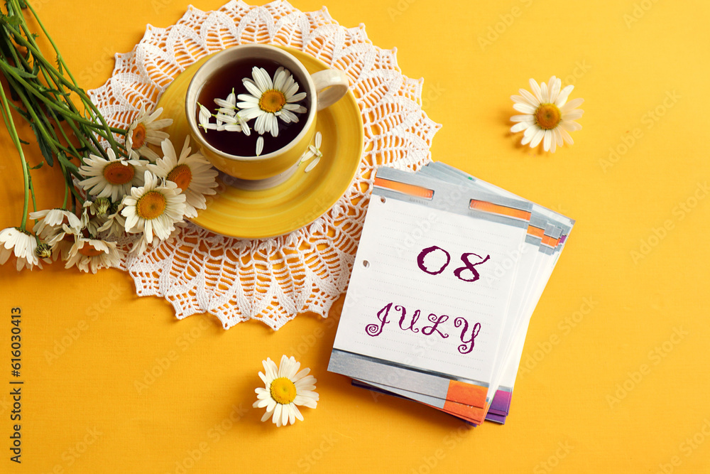 Calendar for July 8: name of the month July in English, numbers 08, a ...