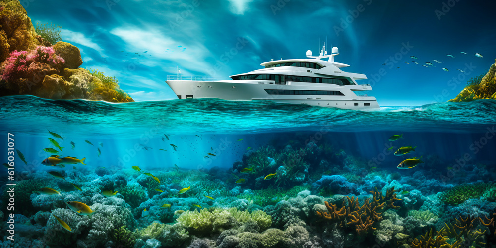 Captivating split-level image of a luxury yacht on serene bay waters ...
