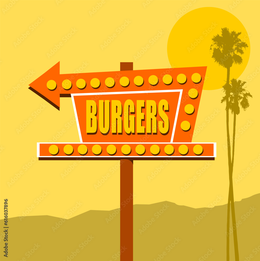 Retro burgers neon sign with palm trees Stock Vector | Adobe Stock