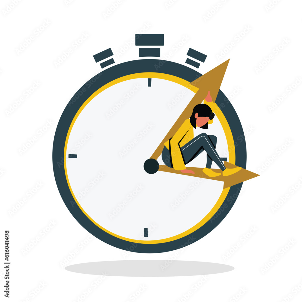 Cartoon woman sits on clock and holds back arrows. Time management with ...