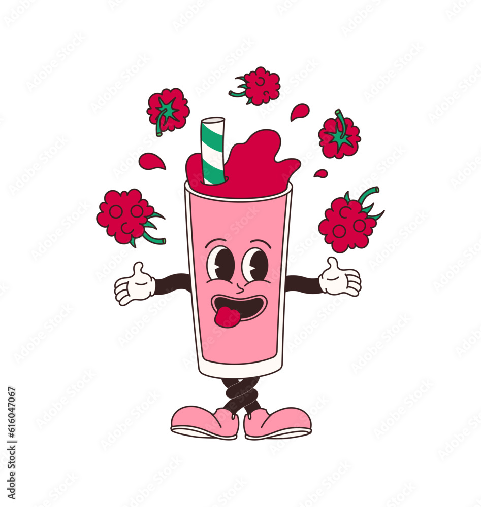 Raspberry juice glass character in comic cartoon style on transparent ...