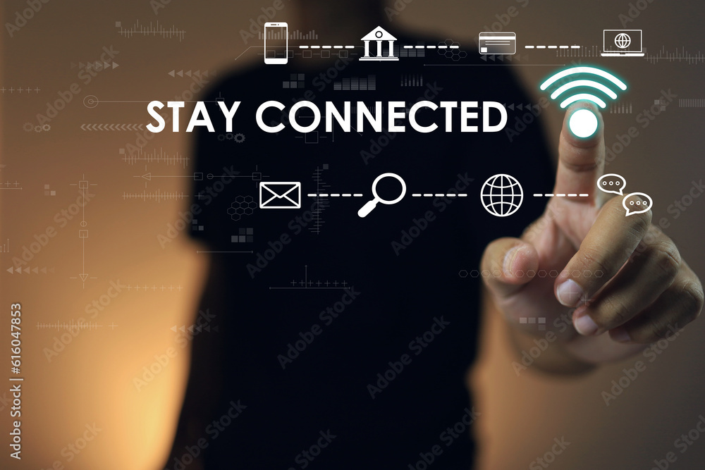 Man hand pointing at stay connected and social media icon and internet ...