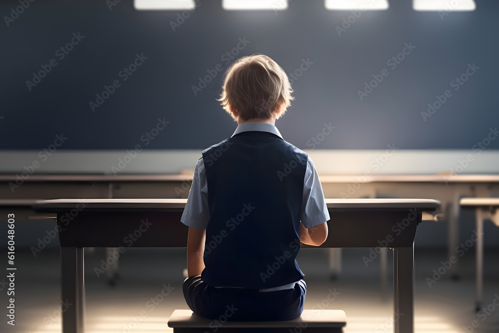 sad boy, classroom, alone, portrait of back of sad student boy, sitting ...