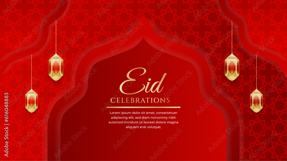 Eid Mubarak Arabic Islamic red and gold social media post design with ...