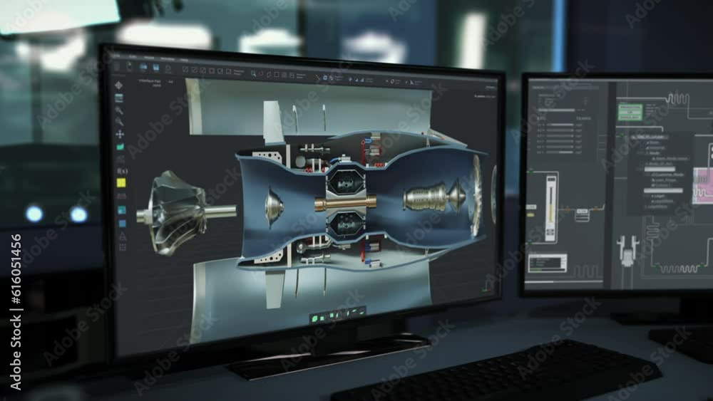 Displaying the virtual projection of the multiple heavy turbine mechanisms. Displaying the ...