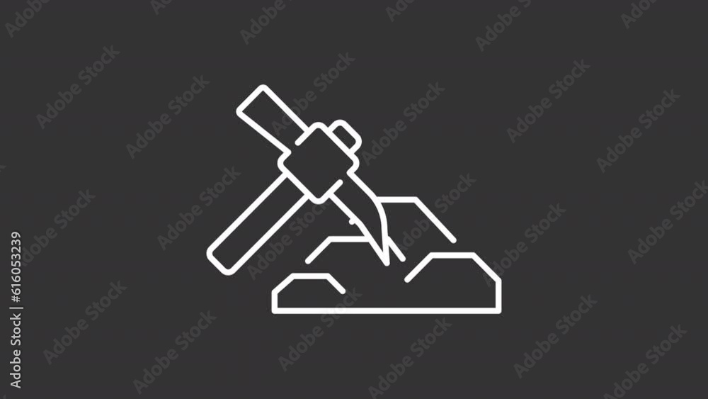Mining icon animation, white line. Animated line pickaxe hitting rock ...