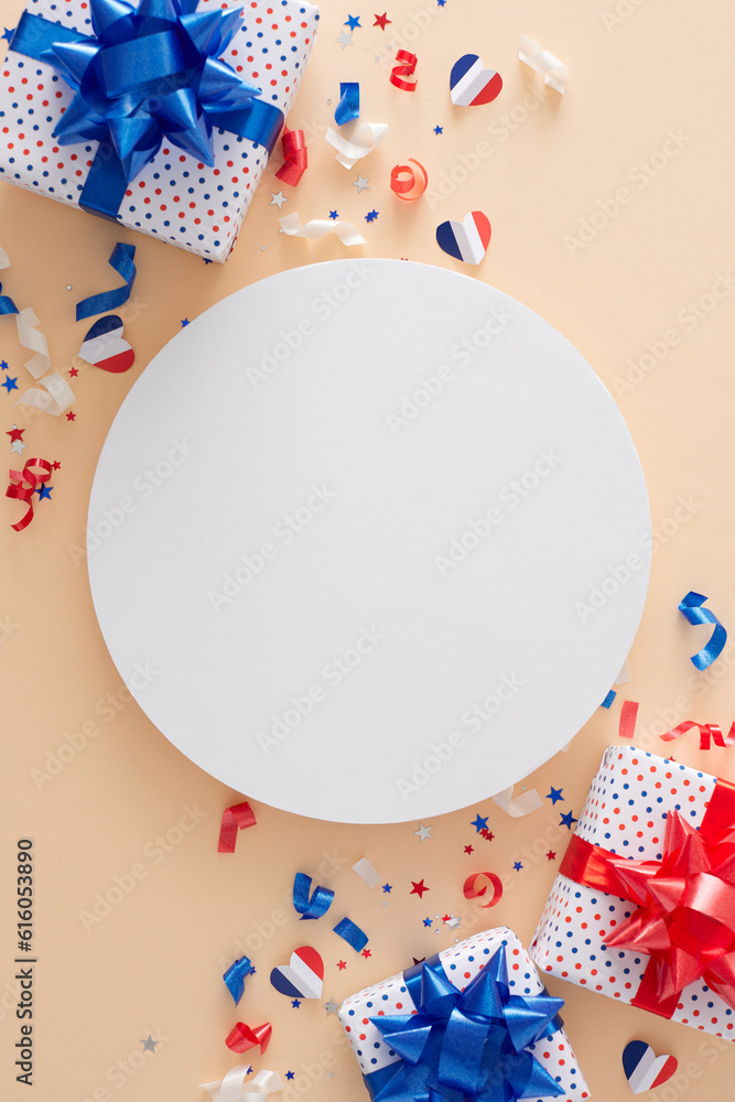 Patriotic presents for Bastille Day. Top view composition of patriotic ...