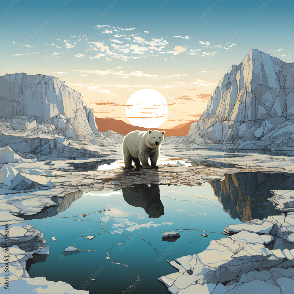 emotive illustration depicting solitary polar bear standing on ...