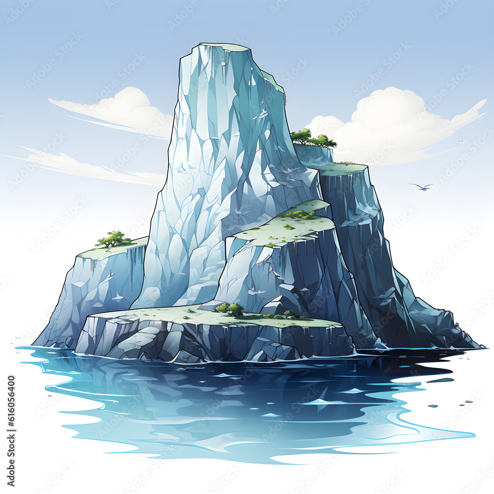 2D illustration of majestic iceberg floating in ocean, tip visible ...