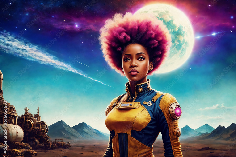 Portrait of a beautiful woman as an astronaut, space theme in the retro ...