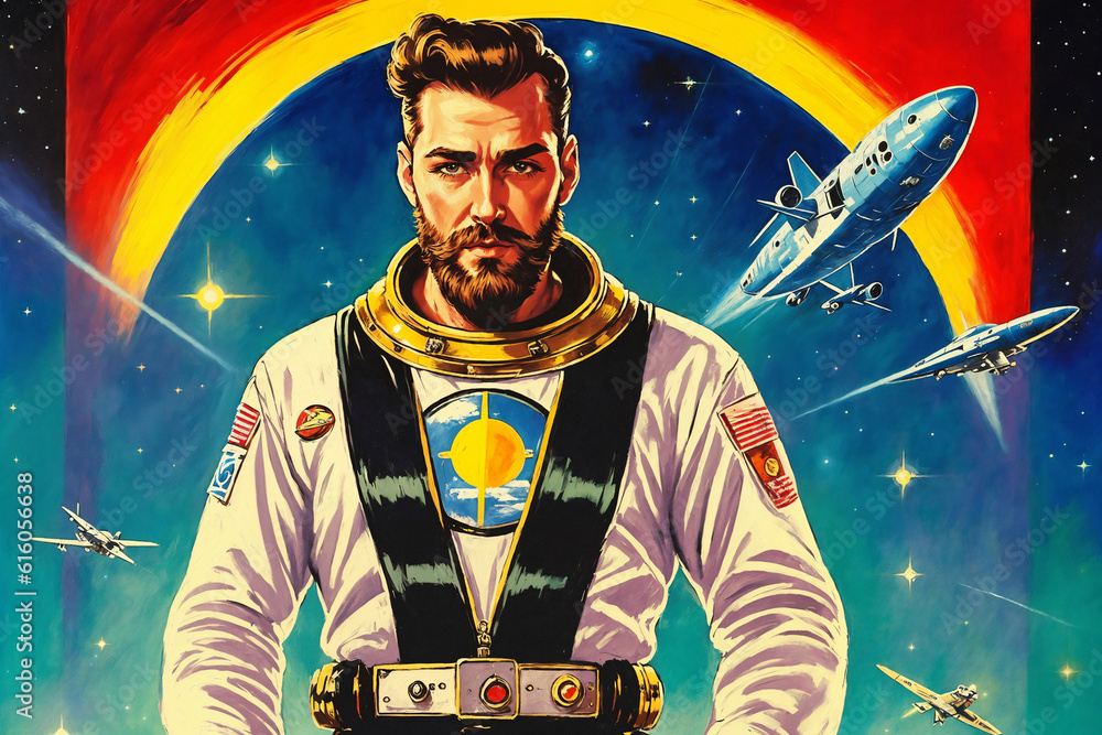 Spaceman on background of stars and universe, space theme in the retro ...