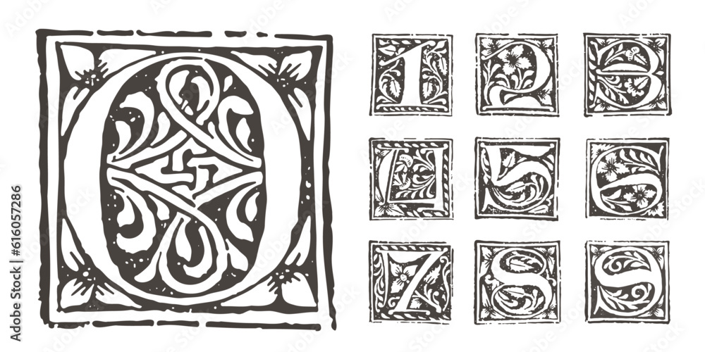 Numbers set of medieval gothic initials. Blackletter style drop cap ...